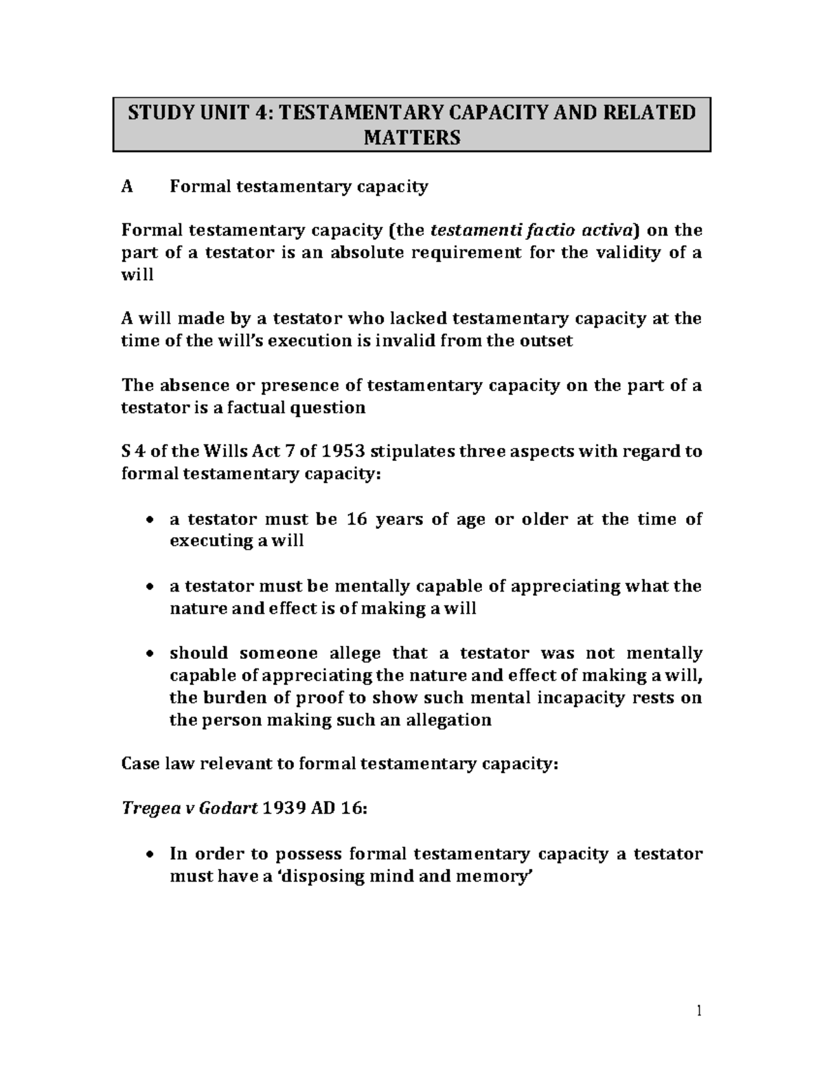 Study+UNIT+4 - Testamentary Capacity - STUDY UNIT 4: TESTAMENTARY ...