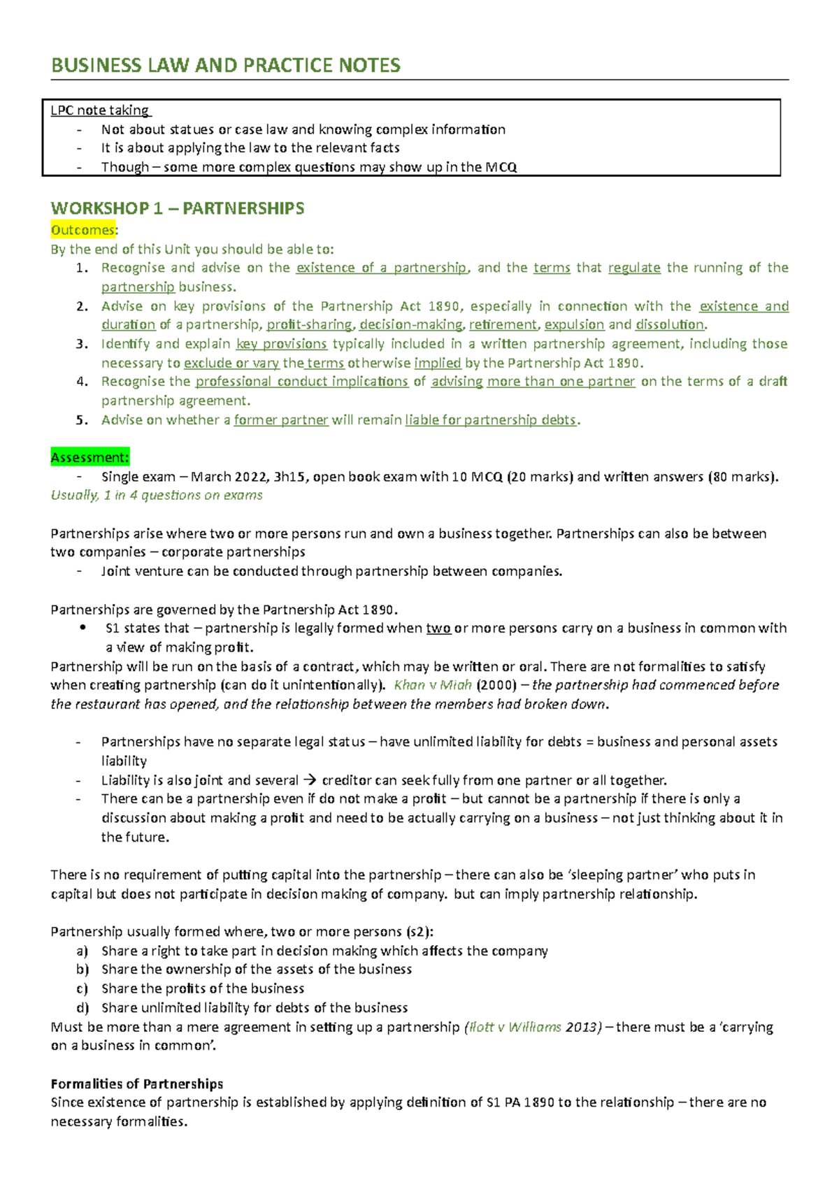 Business LAW AND Practice Notes - BUSINESS LAW AND PRACTICE NOTES LPC ...