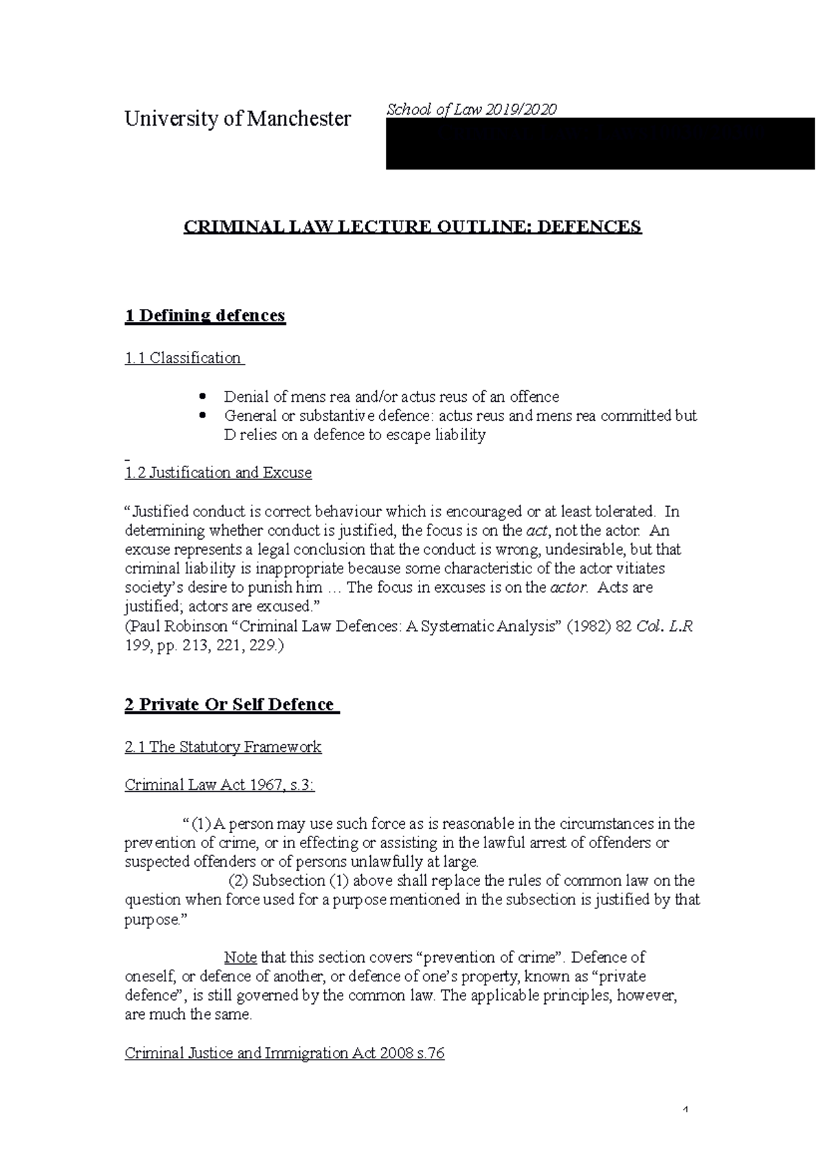 Defences Lecture Outline 19.20 - University of Manchester School of Law ...