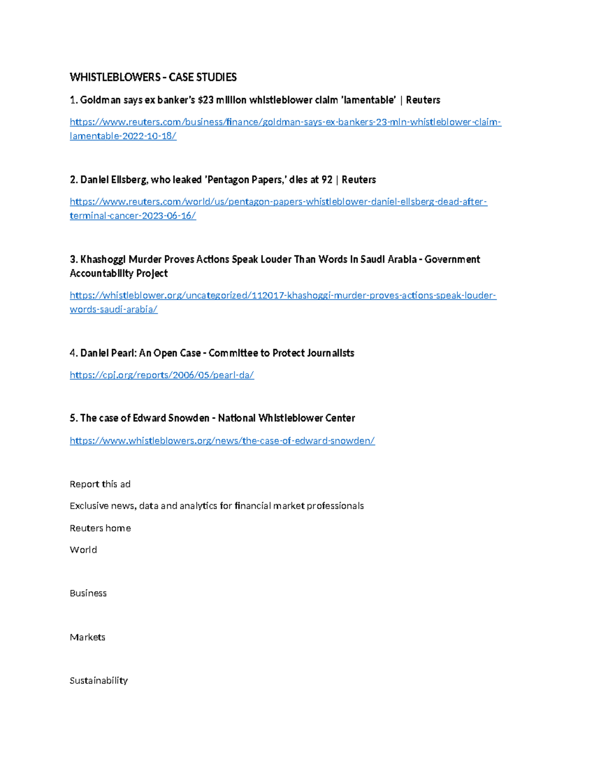 Whistleblowers -CASE Studies-1 - WHISTLEBLOWERS - CASE STUDIES Goldman ...