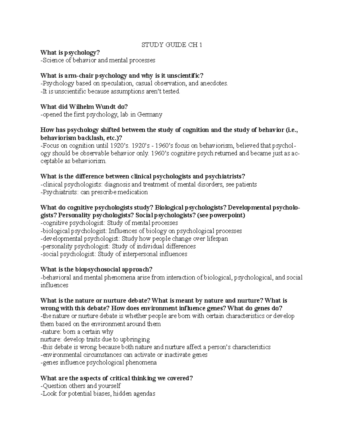 Chapter 1 Study Guide - STUDY GUIDE CH 1 What is psychology? -Science ...