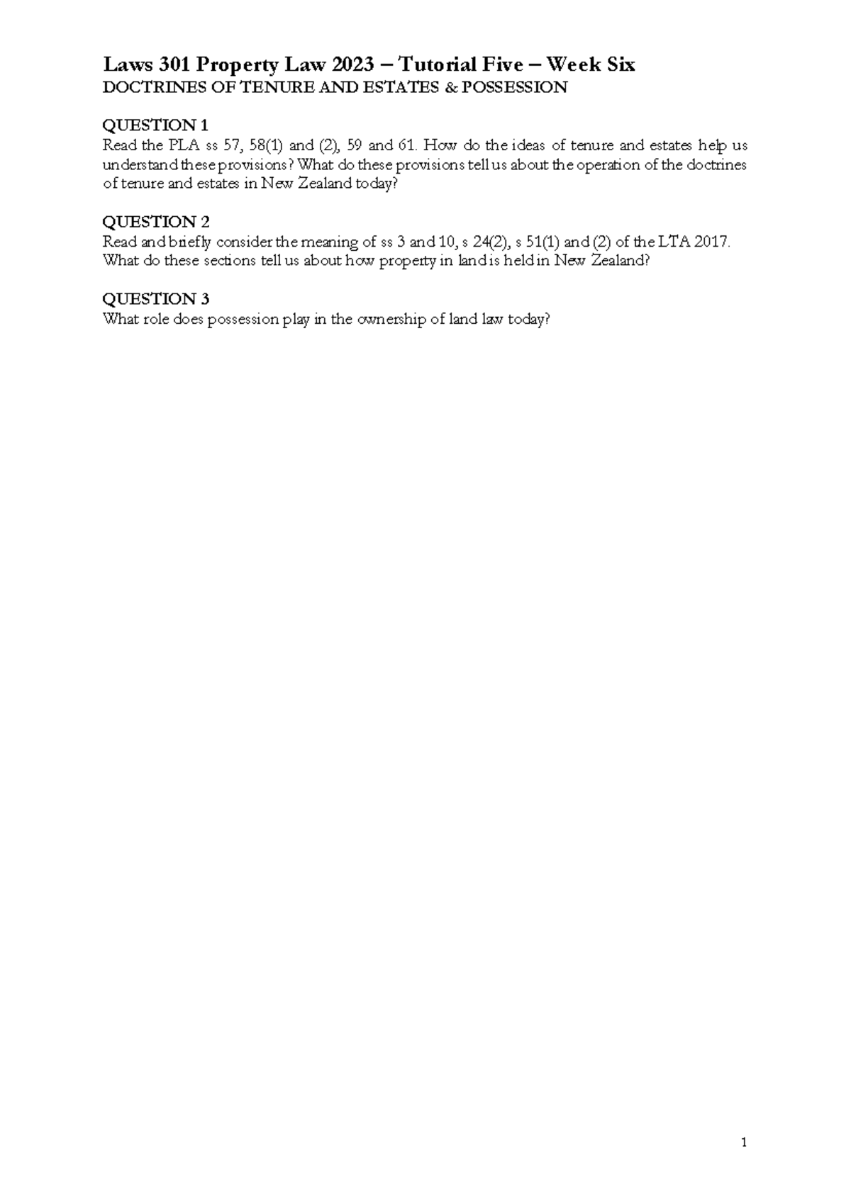 LAWS 301 2023 Tutorial 5 - tenure and possession - Laws 301 Property ...