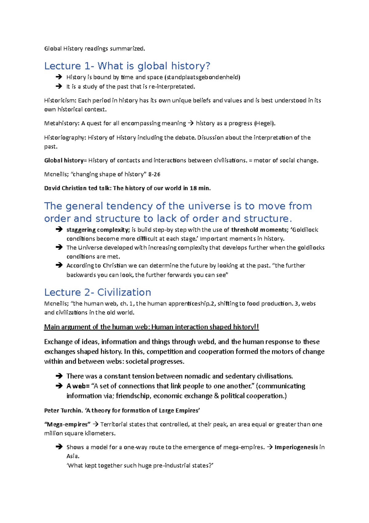 Gh summary notes - Global History readings summarized. Lecture 1- What ...