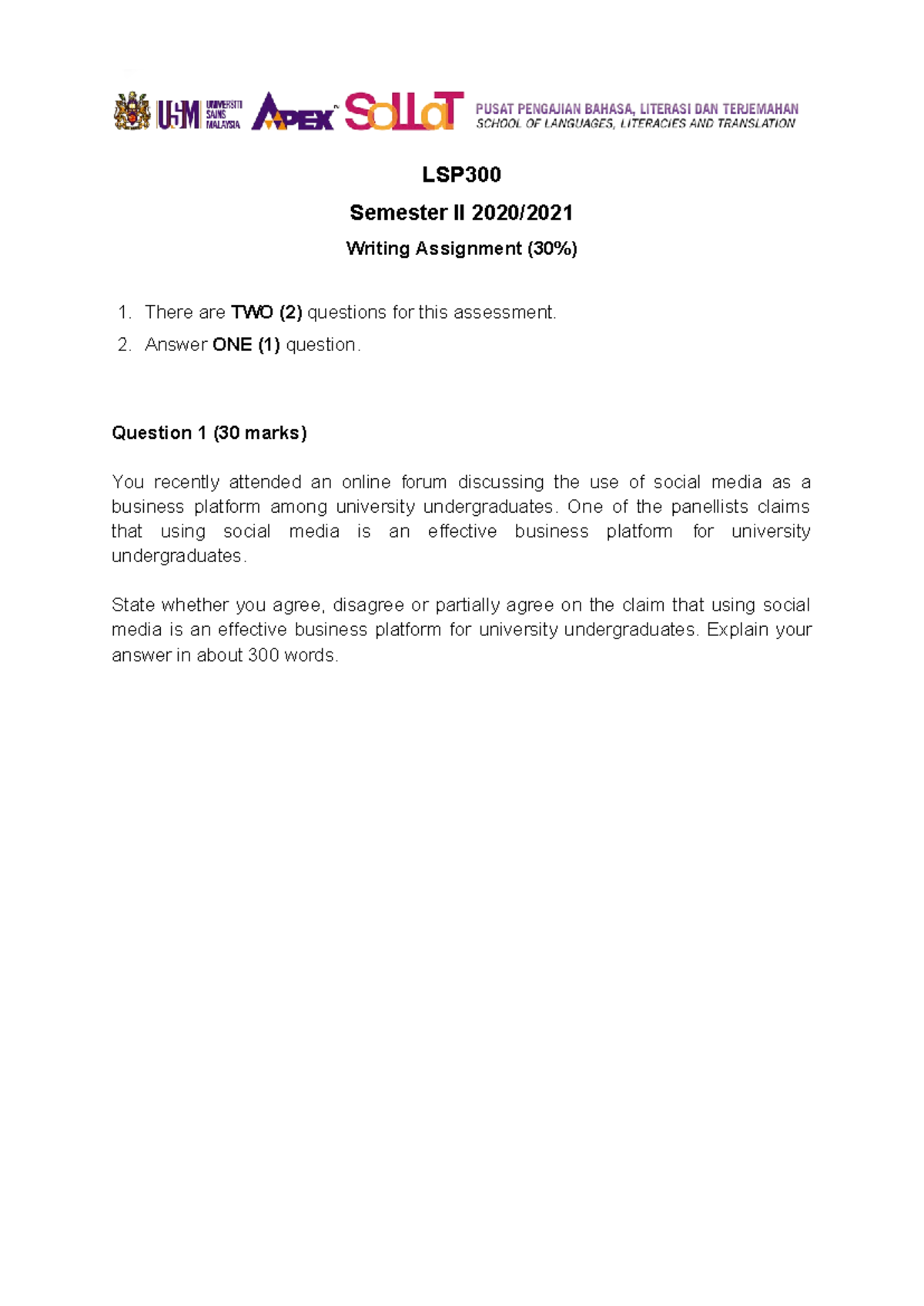 LSP300 2nd Writing Assignment S2 202021 - LSP Semester II 2020/ Writing ...