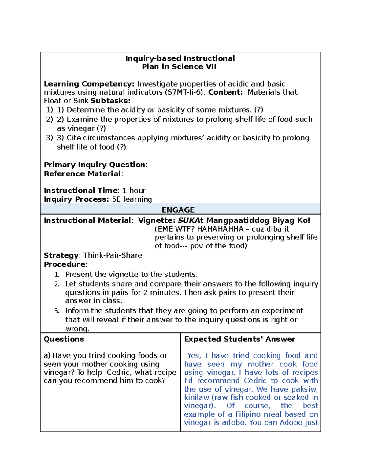 Instructional-PLAN Engage, Explore, and Explain - Inquiry-based ...