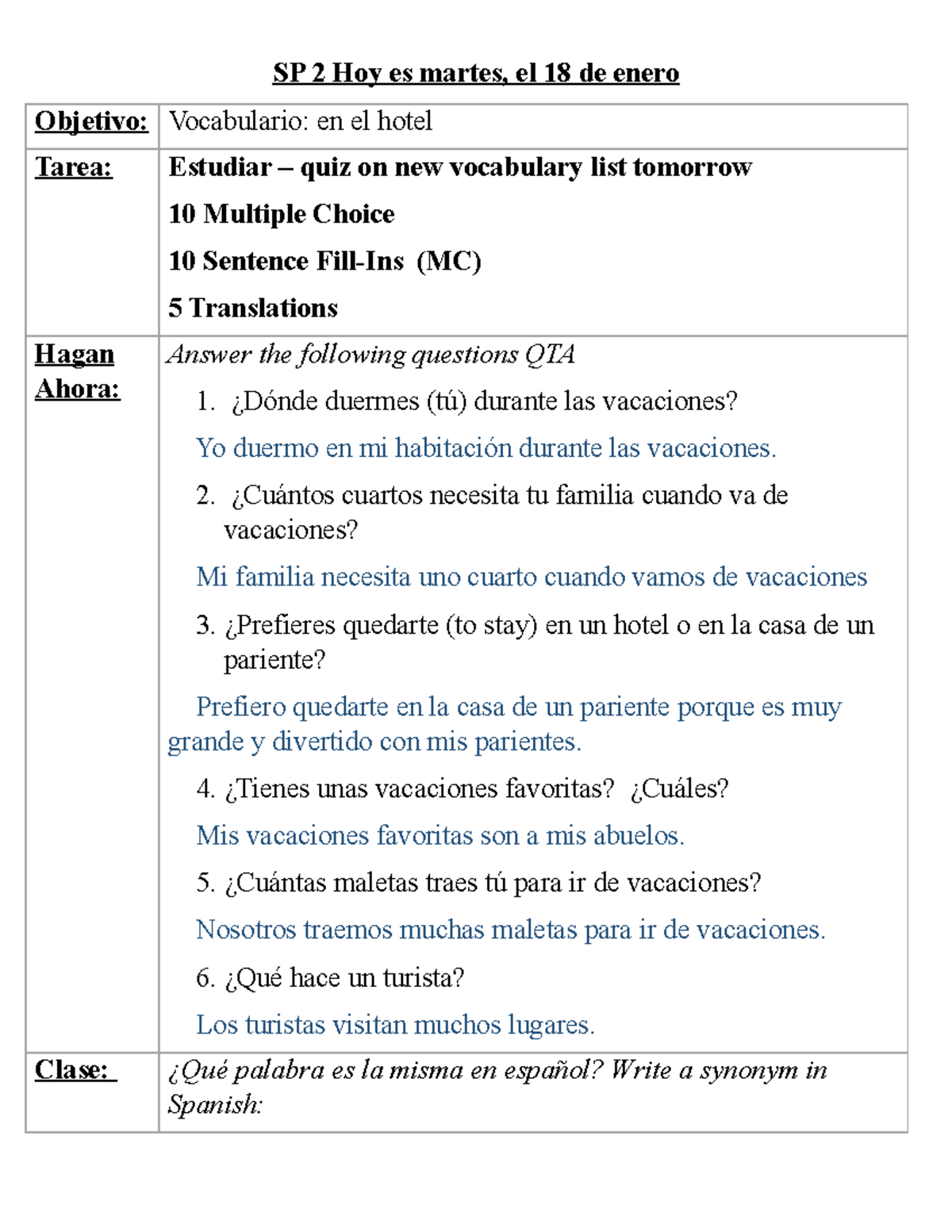 Spanish II - The Hotel - Word - SP 2 Hoy es martes, el 18 de enero ...