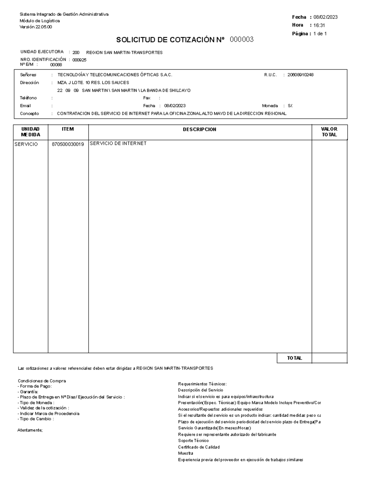 4.- Solicitud DE Cotizacion N° 003 - TOTAL Condiciones de Compra Forma ...