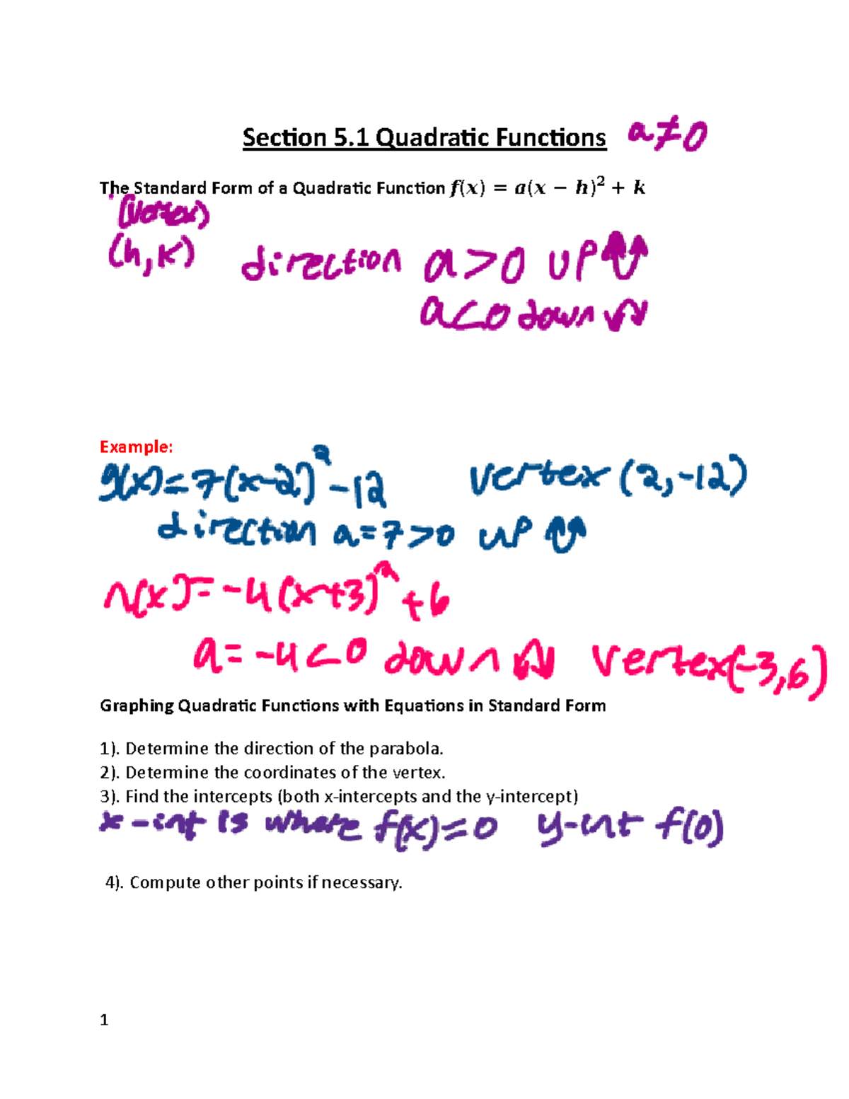 Section 5.1 Quadratic Functions - Section 5 Quadratic Functions The Standard Form of a Quadratic ...