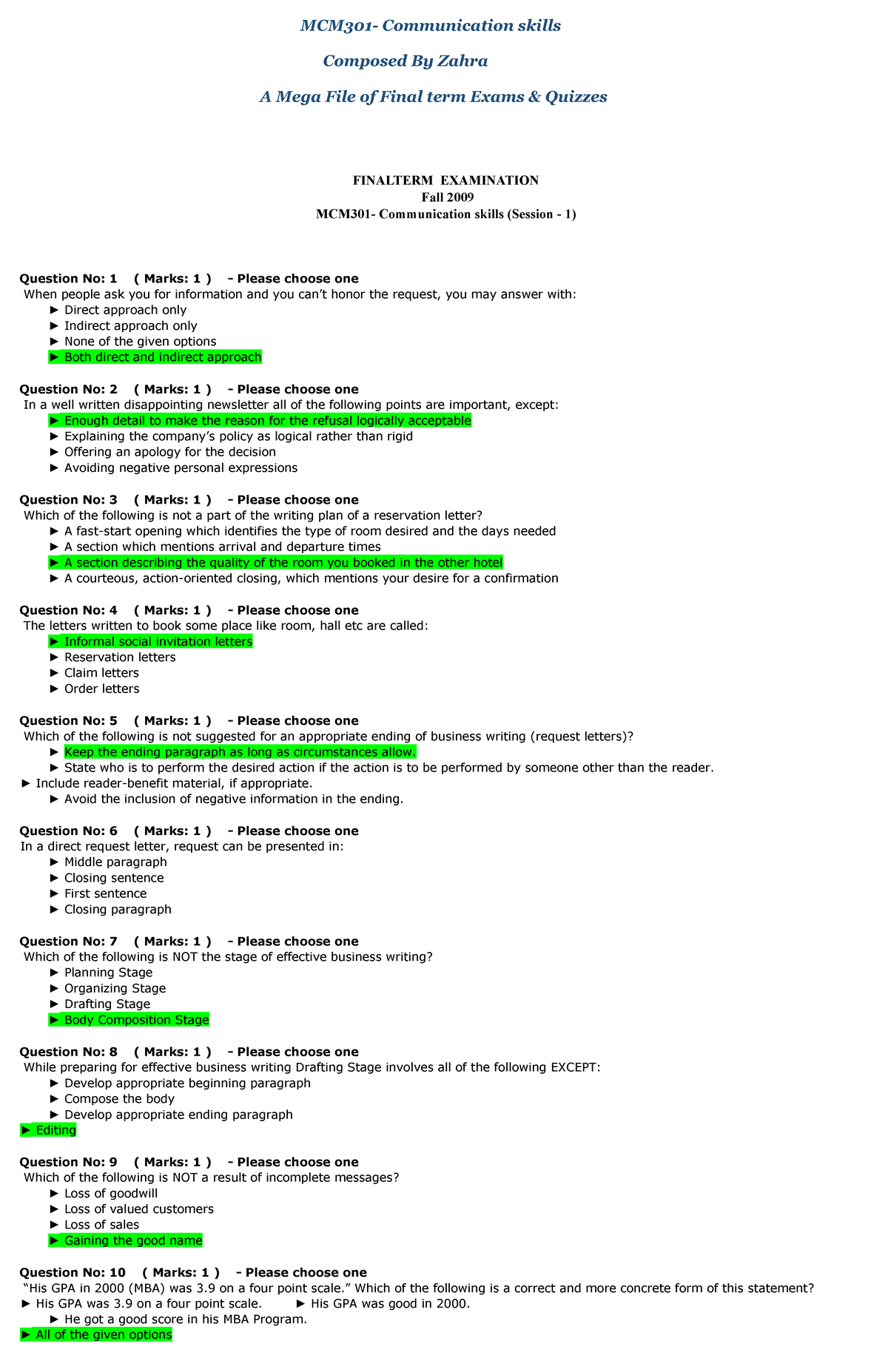 626773227-Zahra-Mcm301 - MCM301- Communication skills Composed By Zahra A Mega File of Final ...