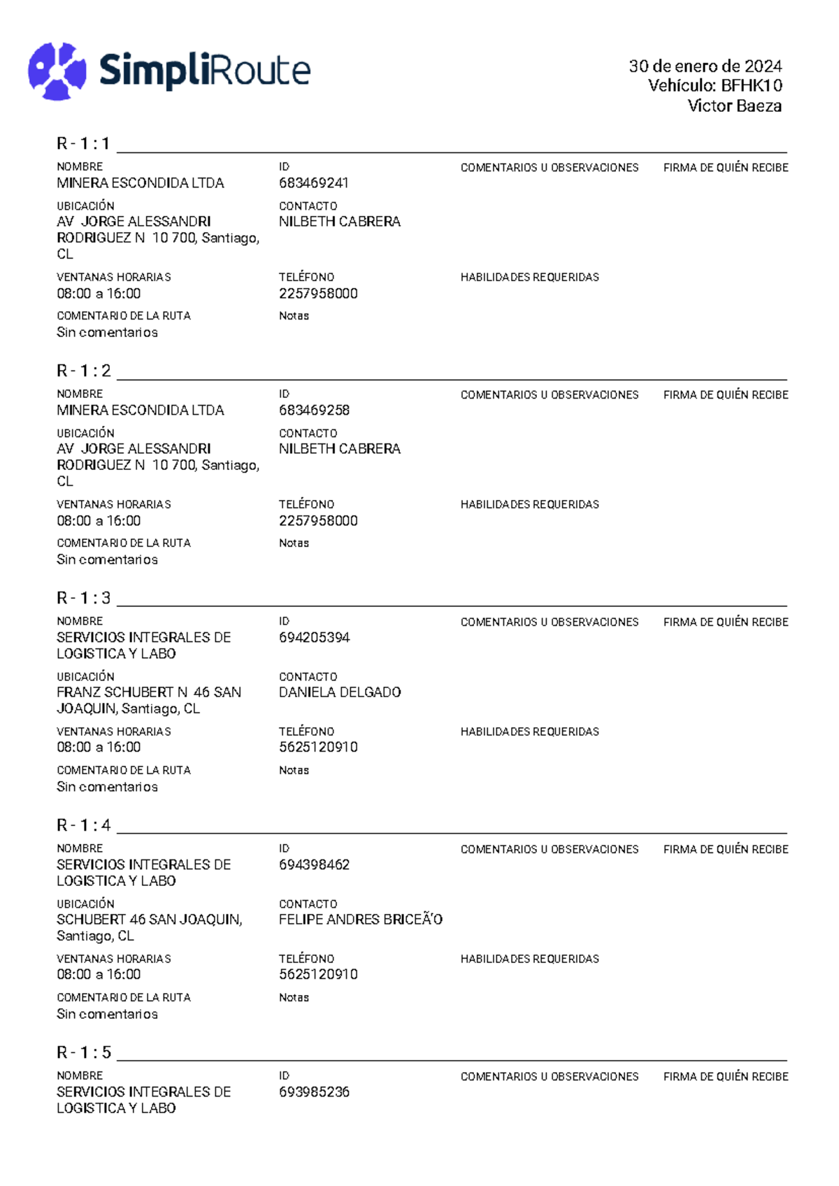 Simpli Route Plan 2024-01-30 - 30 de enero de 2024 Vehículo: BFHK Victor Baeza R - 1 : 1 NOMBRE ...