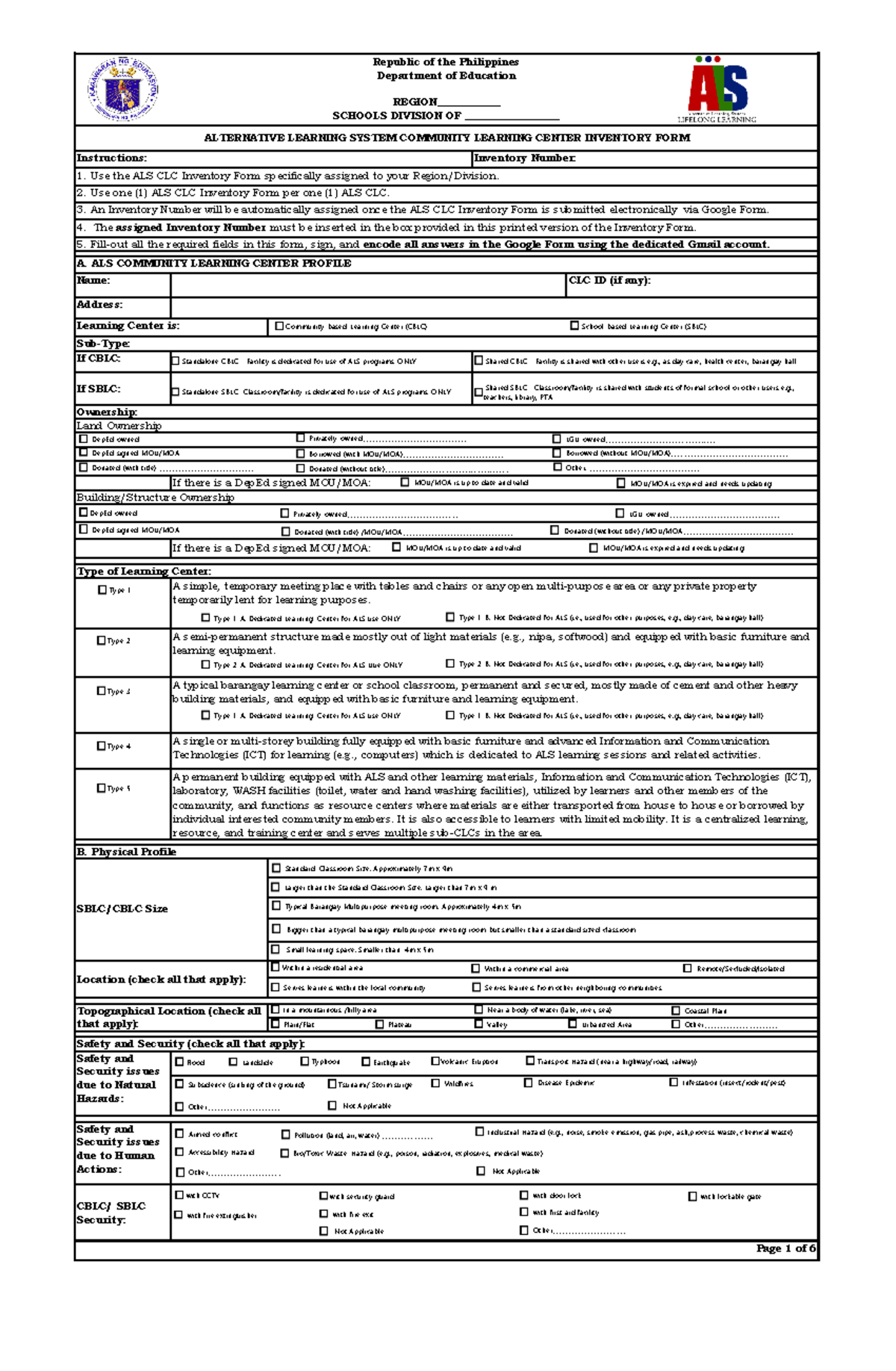 BW ALS CLC Inventory Form - Address: If CBLC: If SBLC: Safety and ...