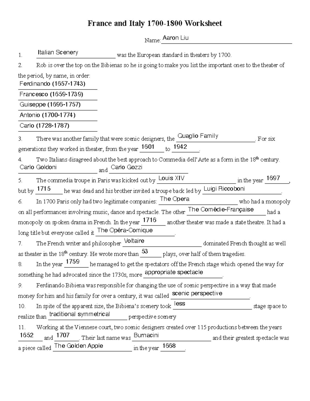 S24 Worksheet 9 Italy and France 1700-1800 - France and Italy 1700-1800 ...