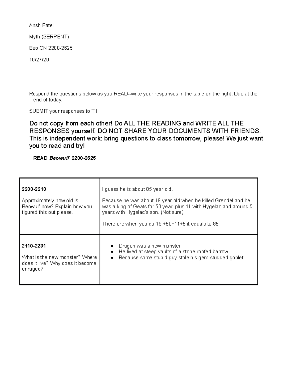 Ansh Patel Beo CN 2200-2625 due 10 27 - Myth (SERPENT) Beo CN 2200- 10/27/ Respond the questions ...