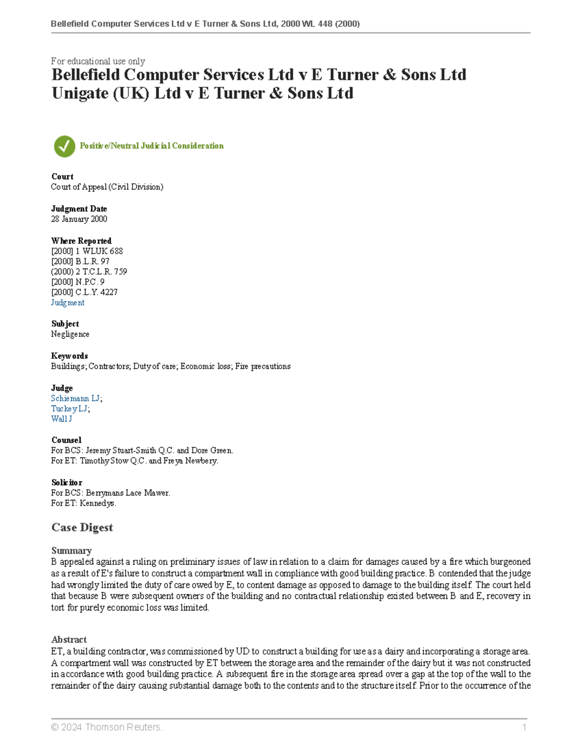 Bellefield Computer Services Ltd v E Turner And Sons Ltd - 1 For educational use only Bellefield ...