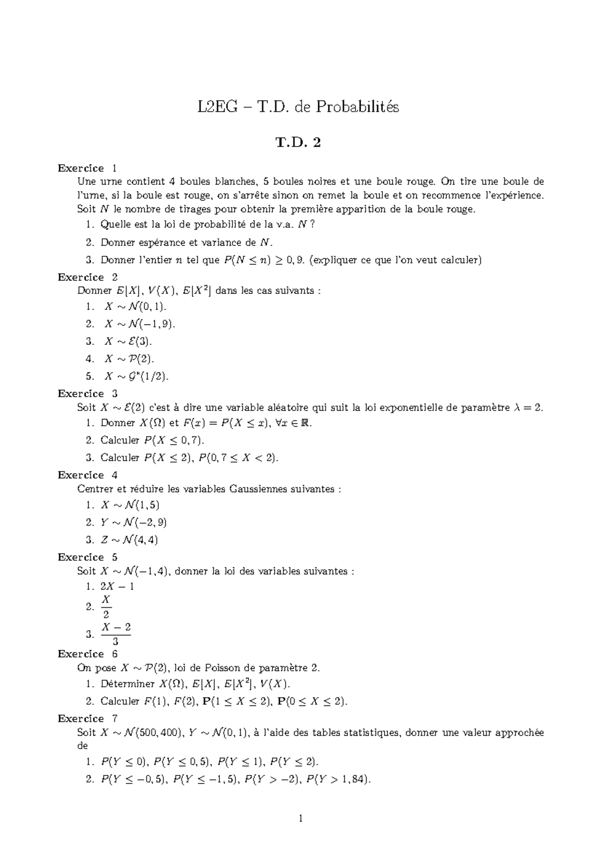 L2EG-Probabilités-TD2 - L2EG – T. de Probabilit ́es T. 2 Exercice 1 Une urne contient 4 boules ...