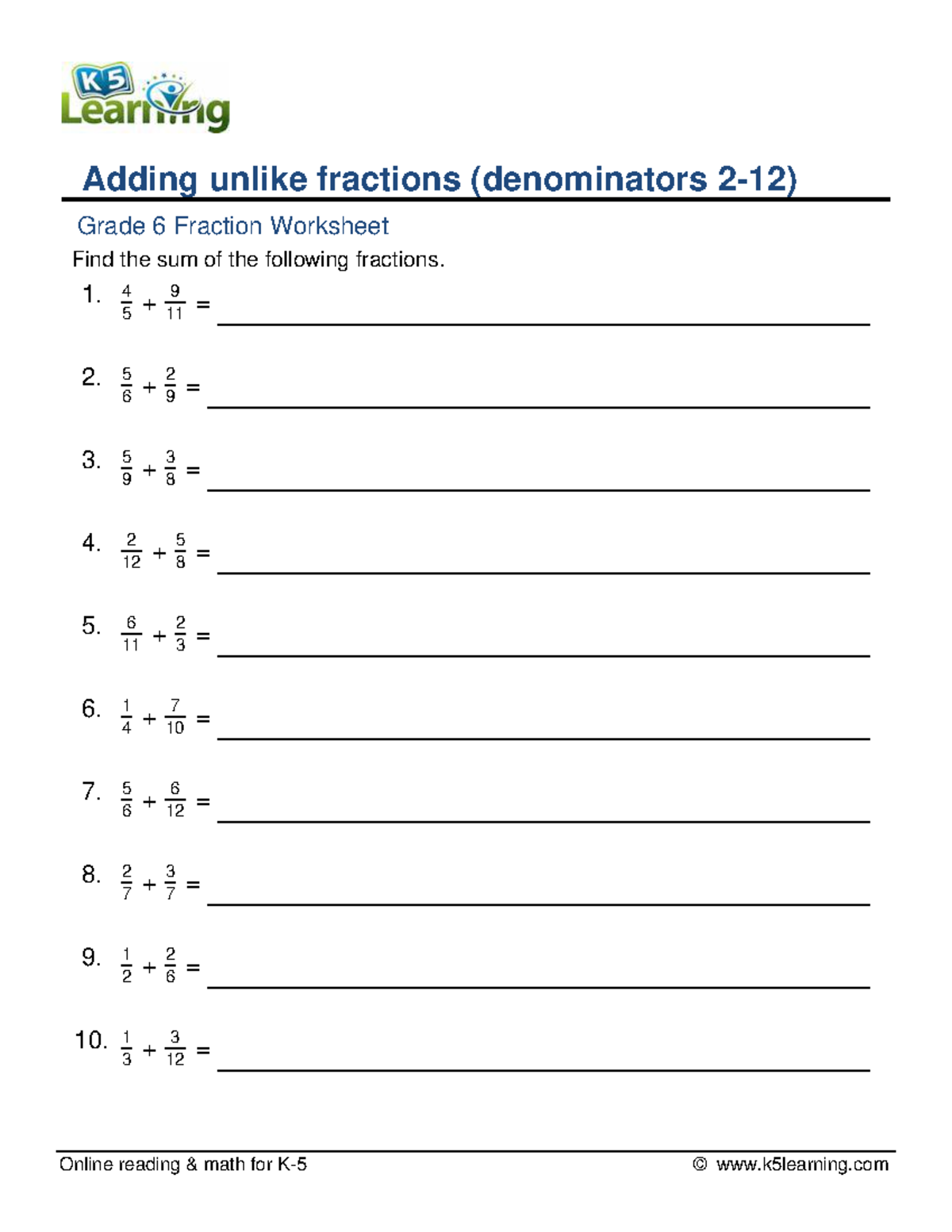 Grade 6 adding unlike fractions denominators 2 12 a - Online reading ...