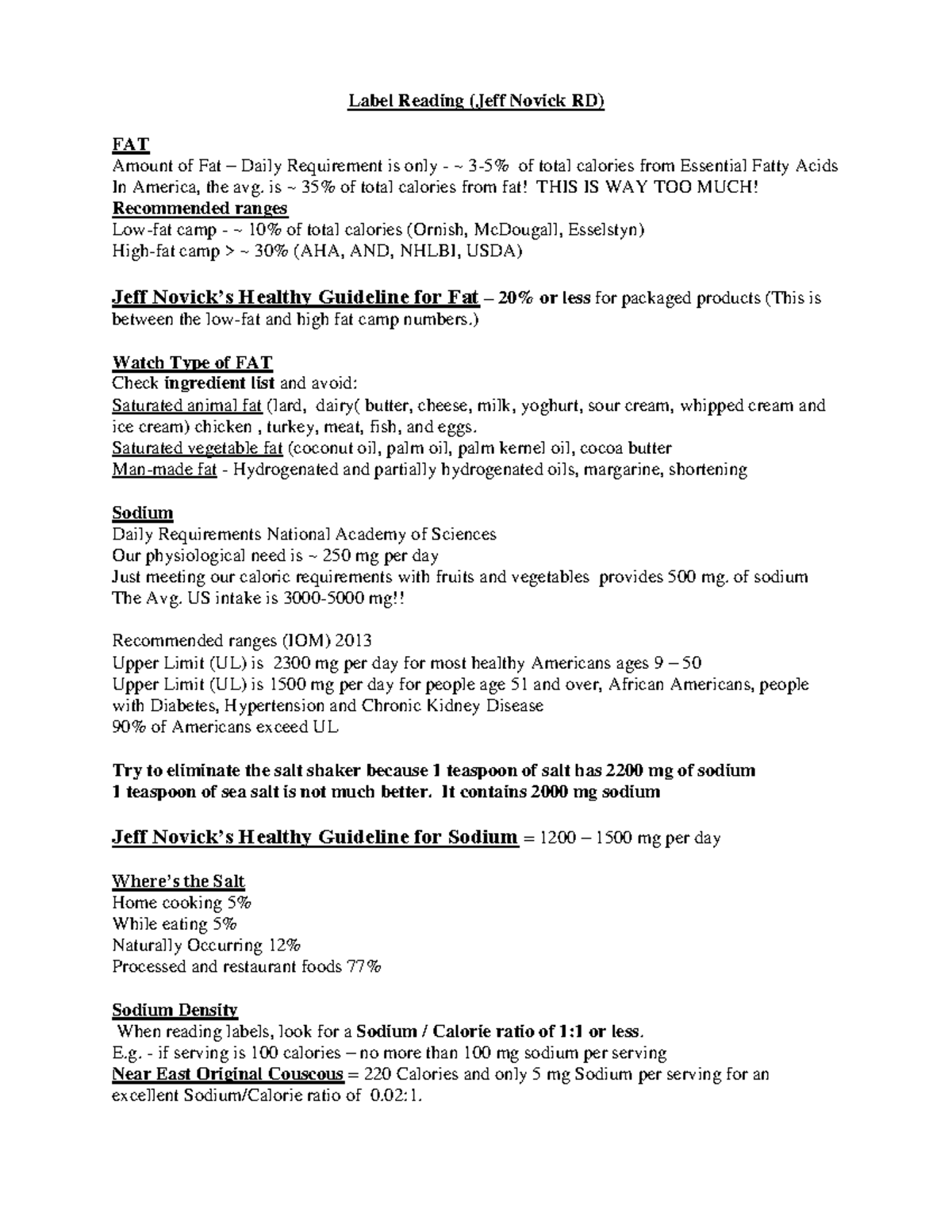 Jeff Novick Label Reading Guidelines - Label Reading (Jeff Novick RD ...