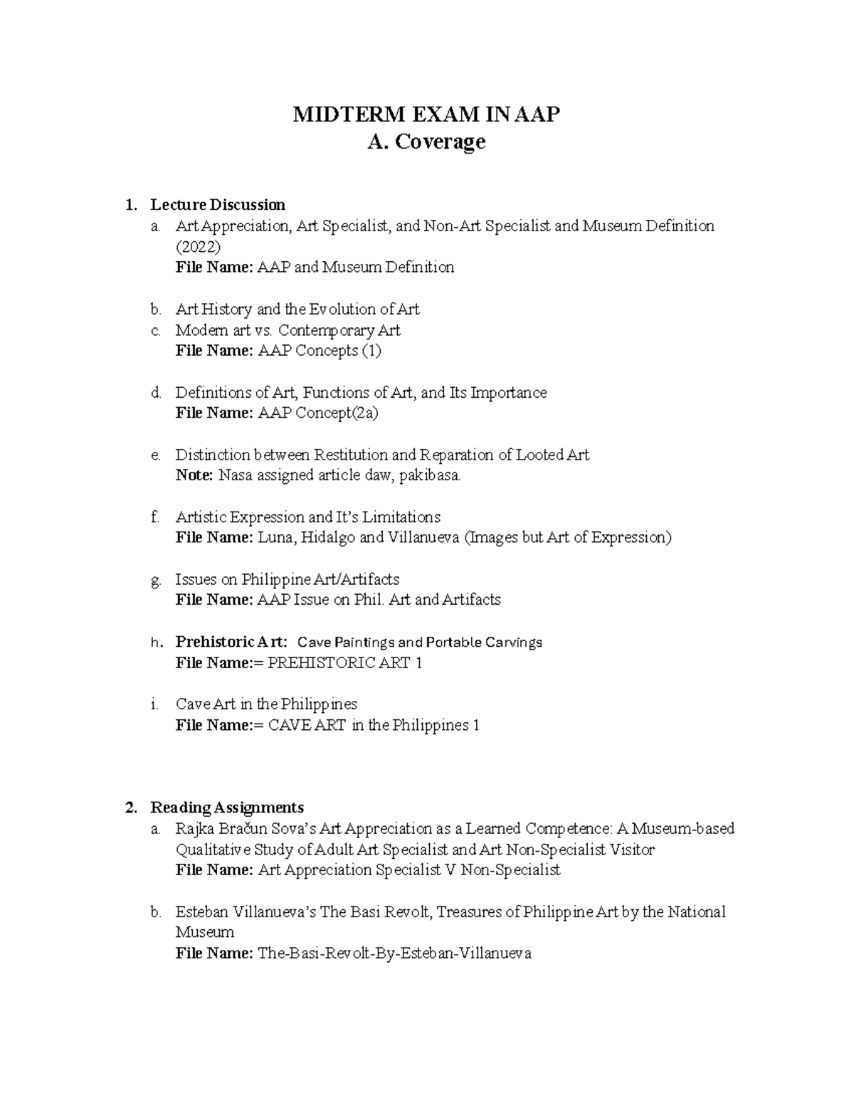Coverage-FOR- Midterm-AAP - MIDTERM EXAM IN AAP A. Coverage Lecture Discussion a. Art ...