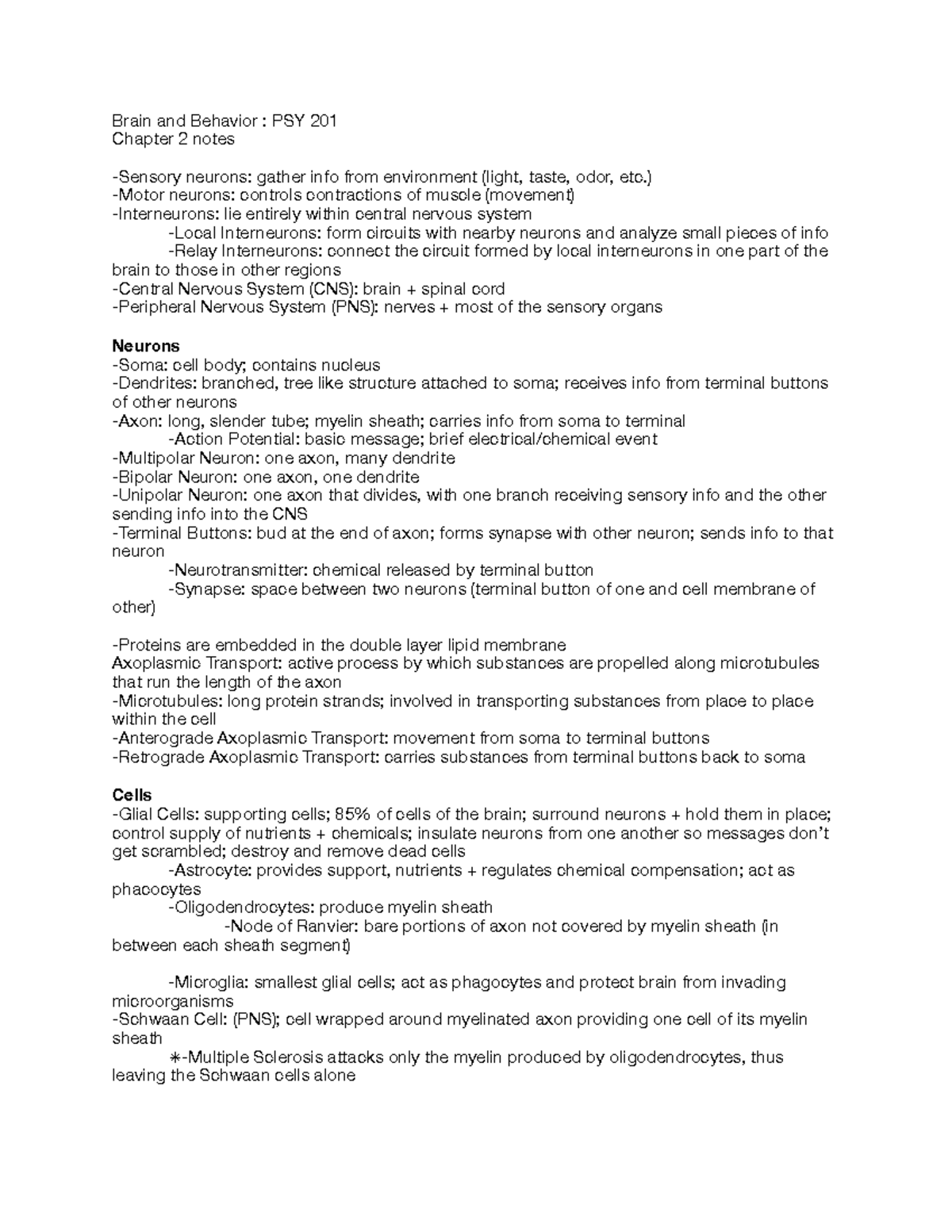 PSY 201 chapter 2 notes PDF - Brain and Behavior : PSY 201 Chapter 2 ...
