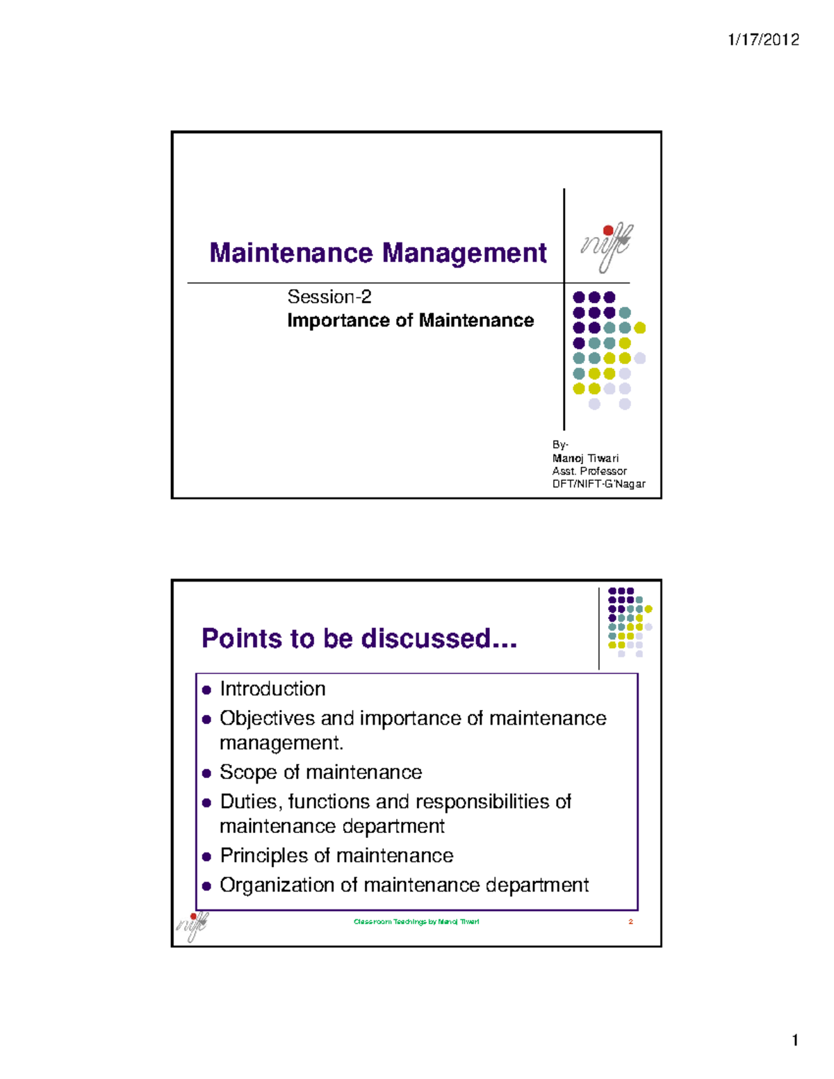 Session-2 Maintenance Management - Points to be discussed ...