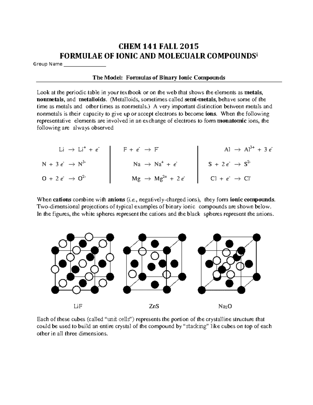C5 Ionic and Molecular Compounds - CHEM 141 FALL 2015 FORMULAE OF IONIC ...
