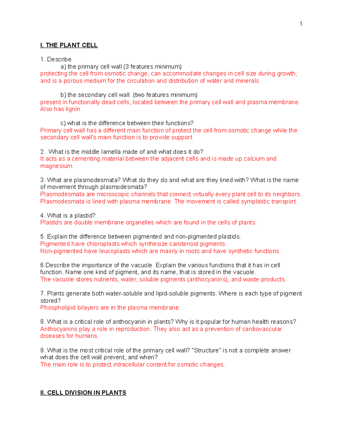 425LReview - 425 final review - I. THE PLANT CELL Describe a) the ...