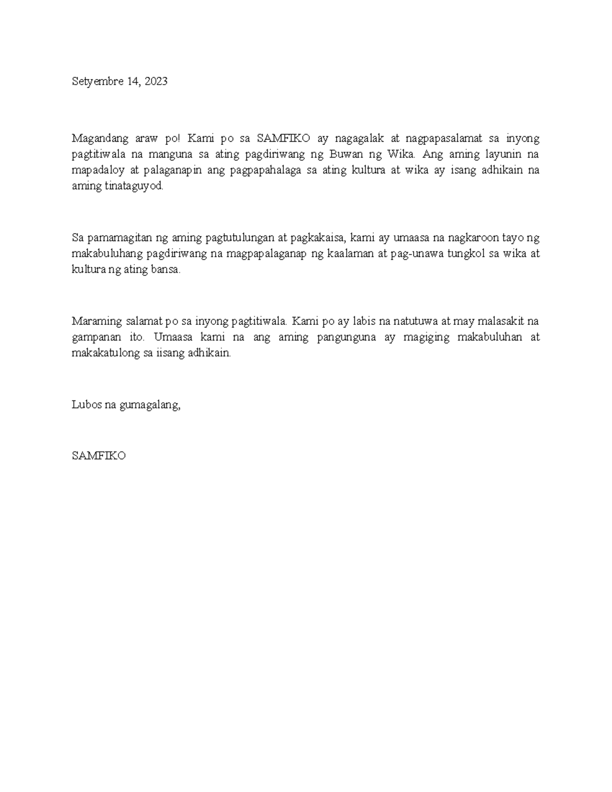 Acceptance letter - Setyembre 14, 2023 Magandang araw po! Kami po sa SAMFIKO ay nagagalak at ...