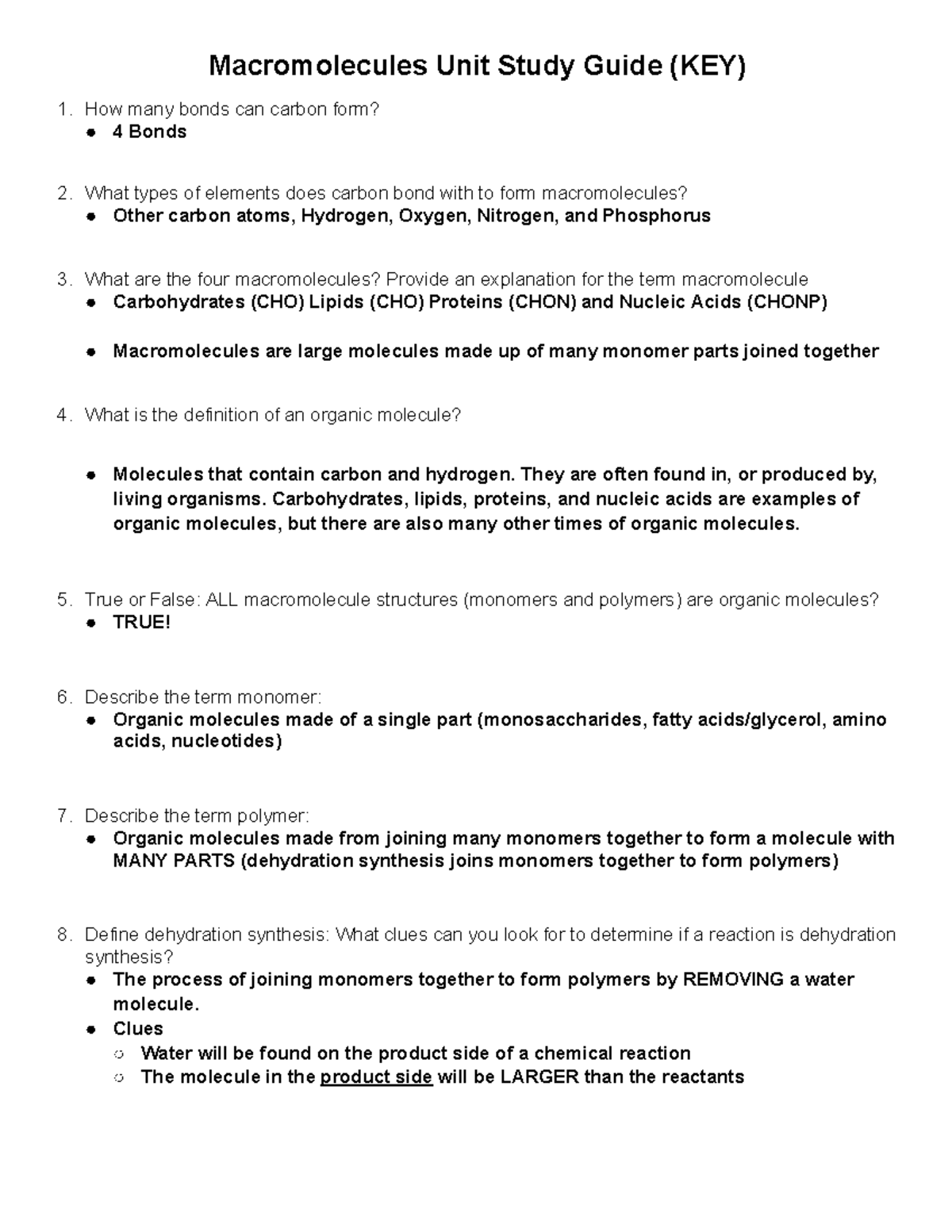 Copy of Macromolecules Study Guide (KEY) - Macromolecules Unit Study ...