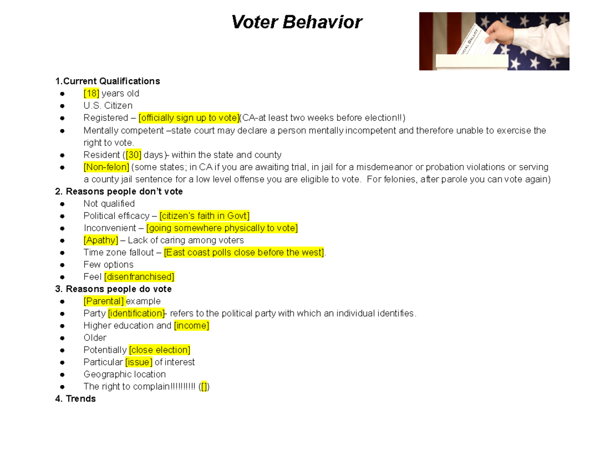 Voter Behavior OL Guide RH - Voter Behavior 1 Qualifications [18] years ...