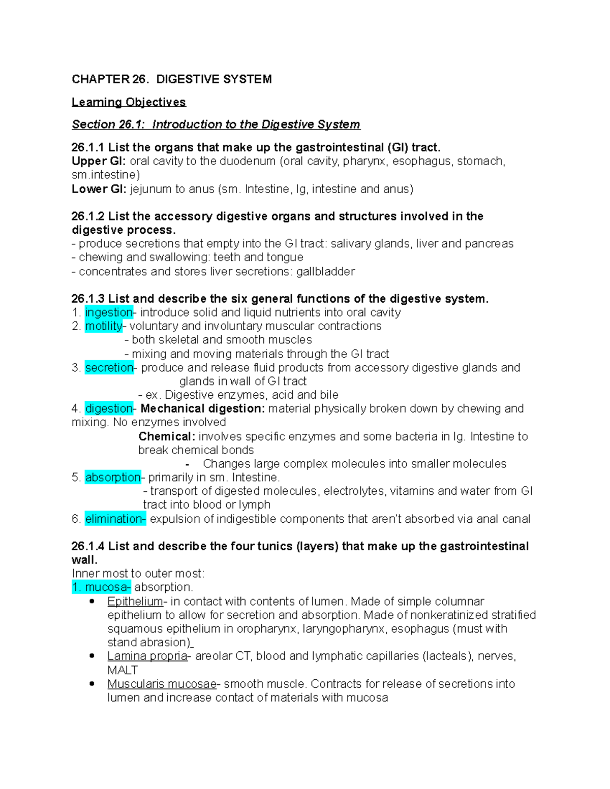 Lecture 7 terms - objectives from textbook - CHAPTER 26. DIGESTIVE ...