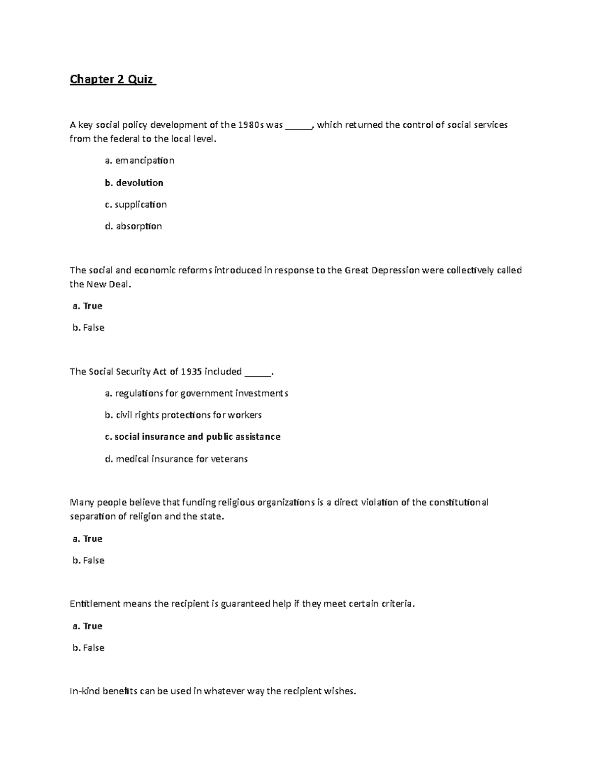 Chapter TWO Quiz - Chapter 2 Quiz A key social policy development of ...