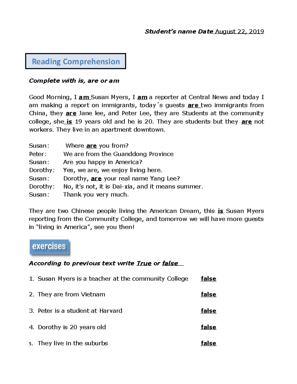 Reading comprehension verb to be. 22 agosto - Student’s name Date ...