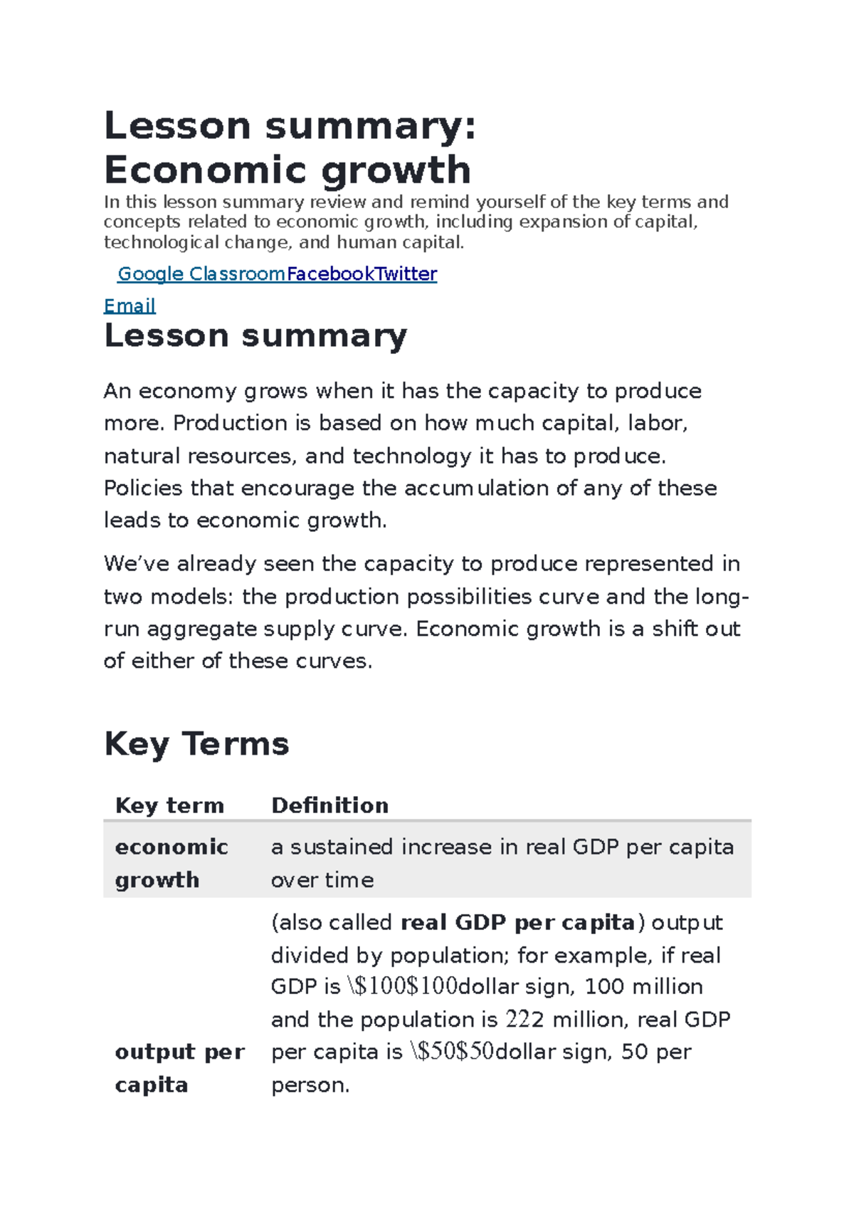 Lesson summary-Growth rate of real GDP and growth rate of real GDP per ...
