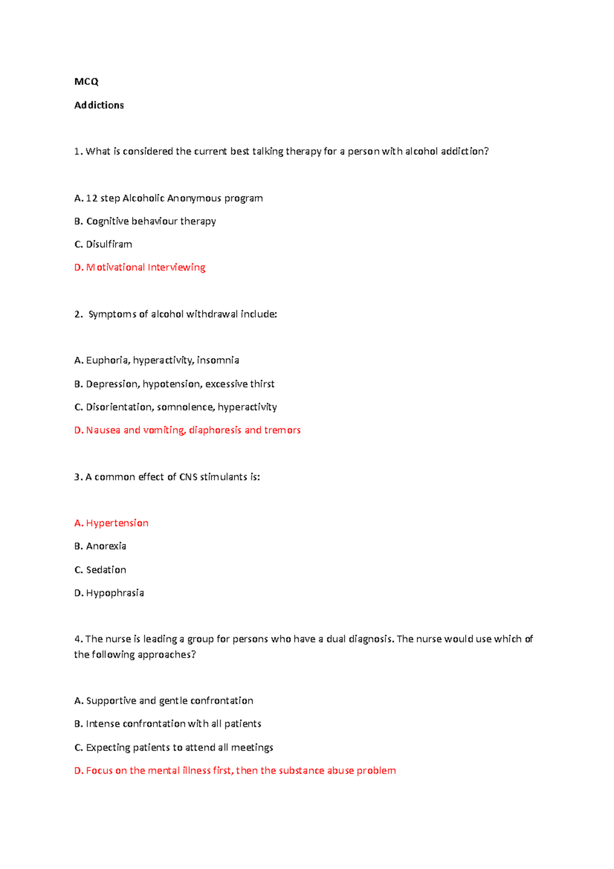 Answers for addiction practice questions - MCQ Addictions What is ...