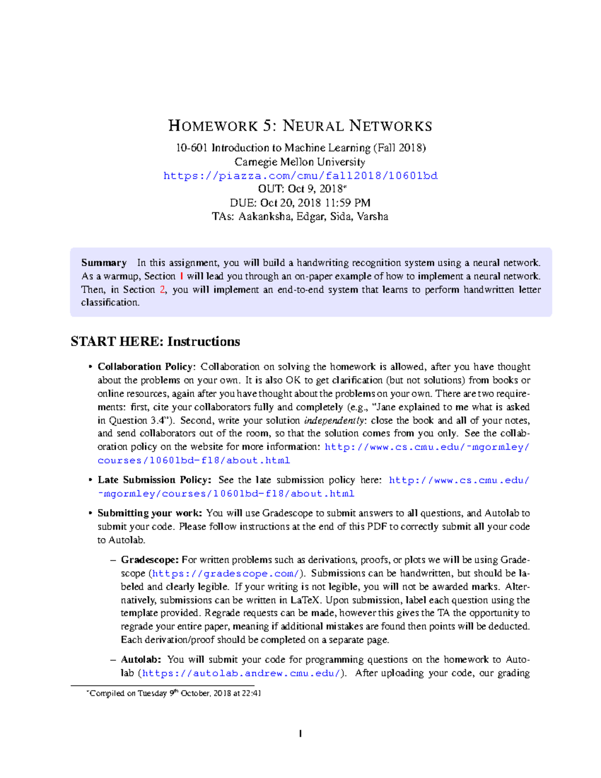 F18 10601 HW5 - HOMEWORK 5: NEURAL NETWORKS 10-601 Introduction to Machine Learning (Fall 2018 ...