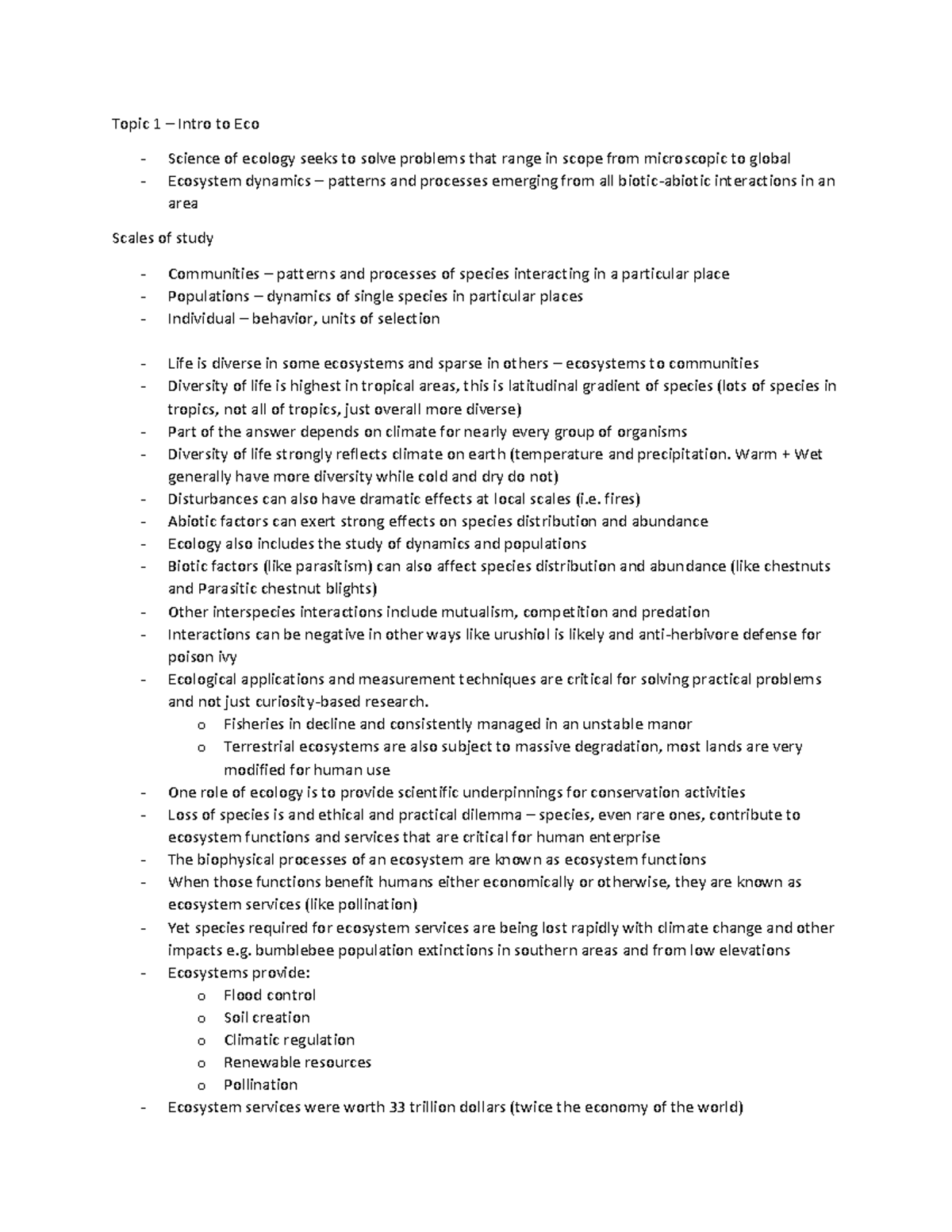 Eco Midterm 1 Study Notes - Topic 1 – Intro to Eco Science of ecology ...