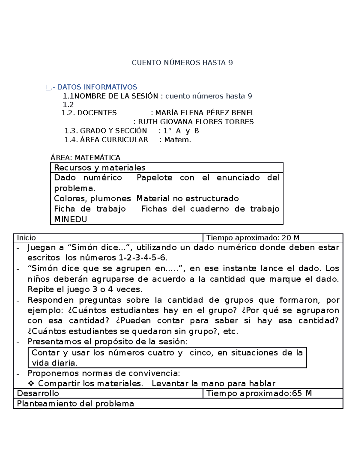 Sesion numeros - bien - CUENTO NÚMEROS HASTA 9 I .- DATOS INFORMATIVOS ...