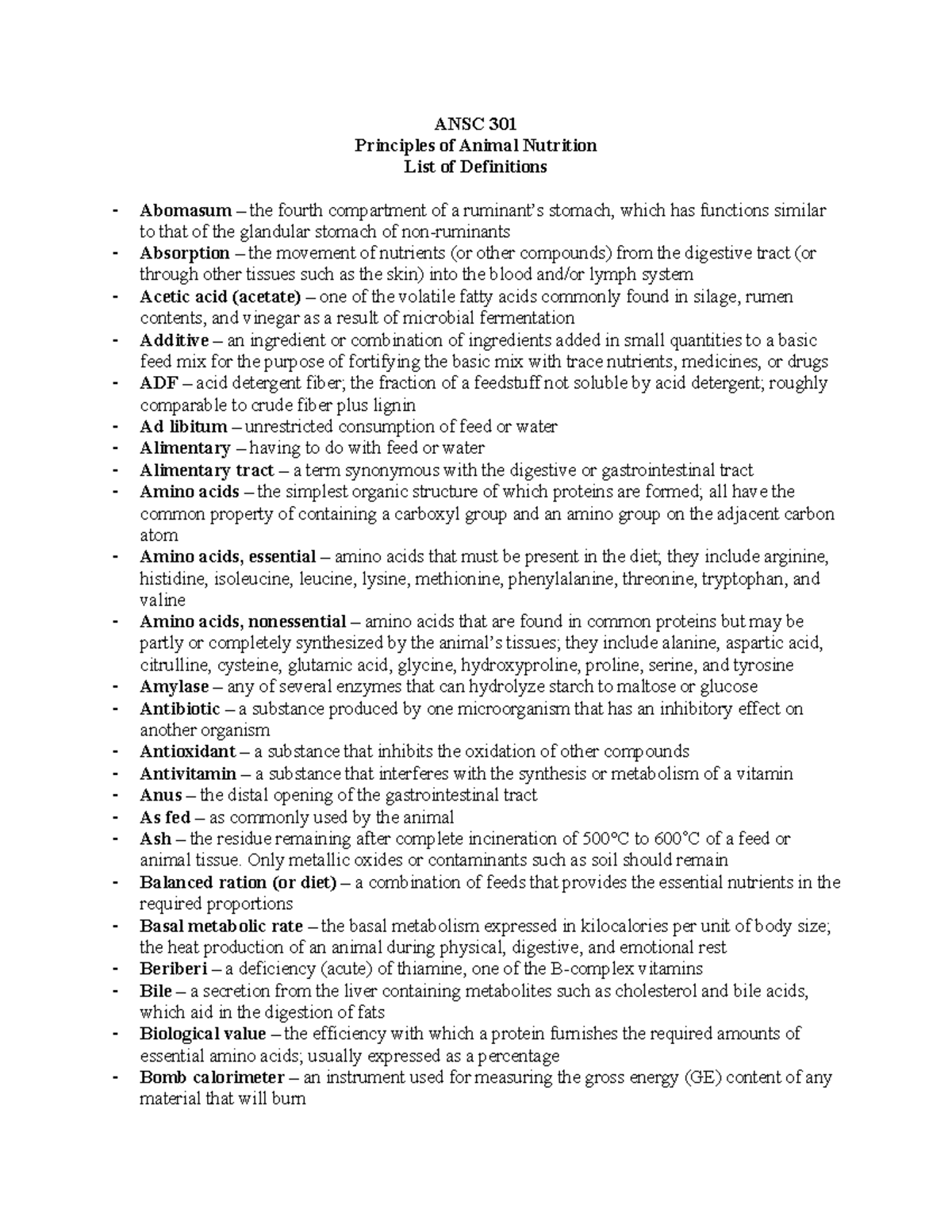 ANSC 301 List of Definitions - ANSC 301 Principles of Animal Nutrition ...