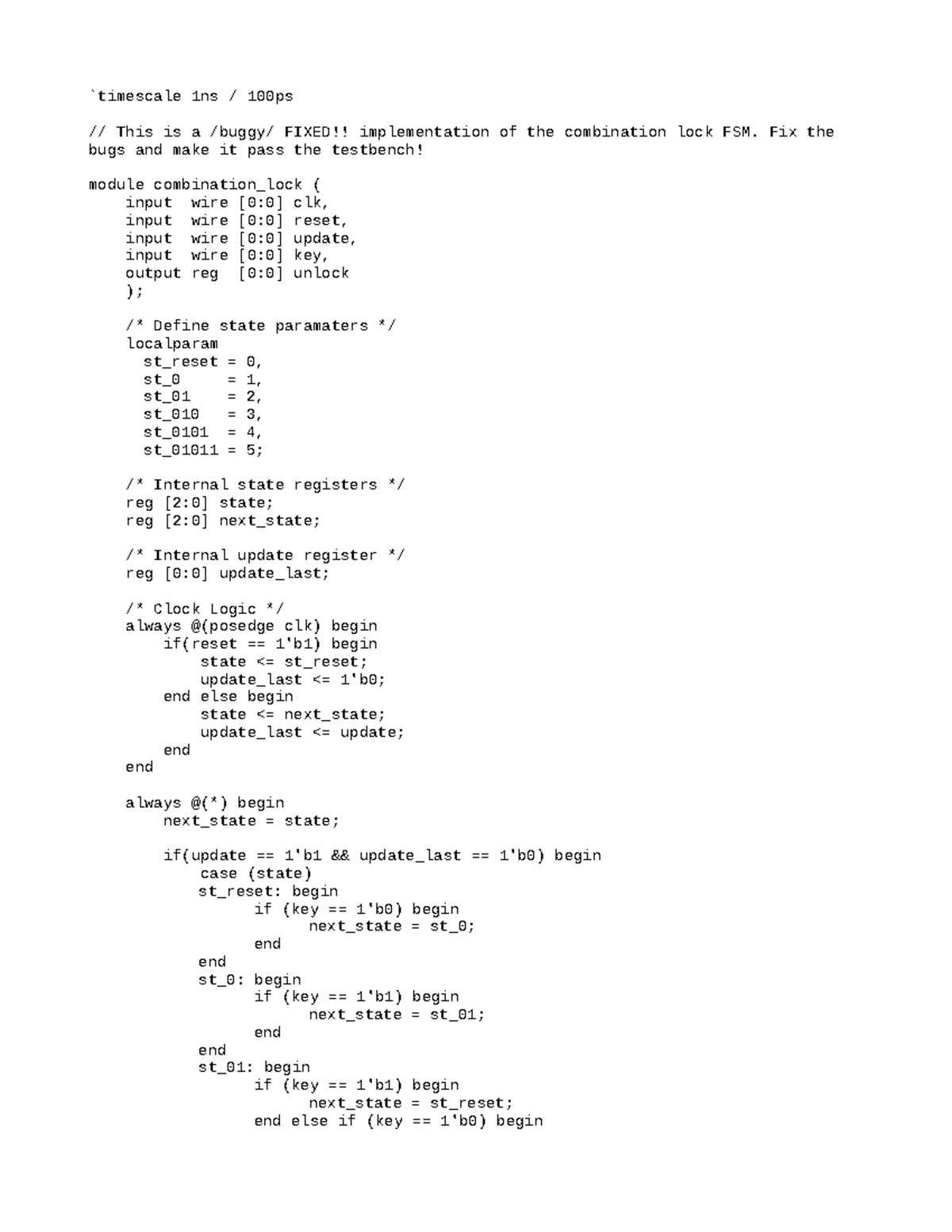 Practice FSM 3 Solution - `timescale 1ns / 100ps // This is a /buggy ...