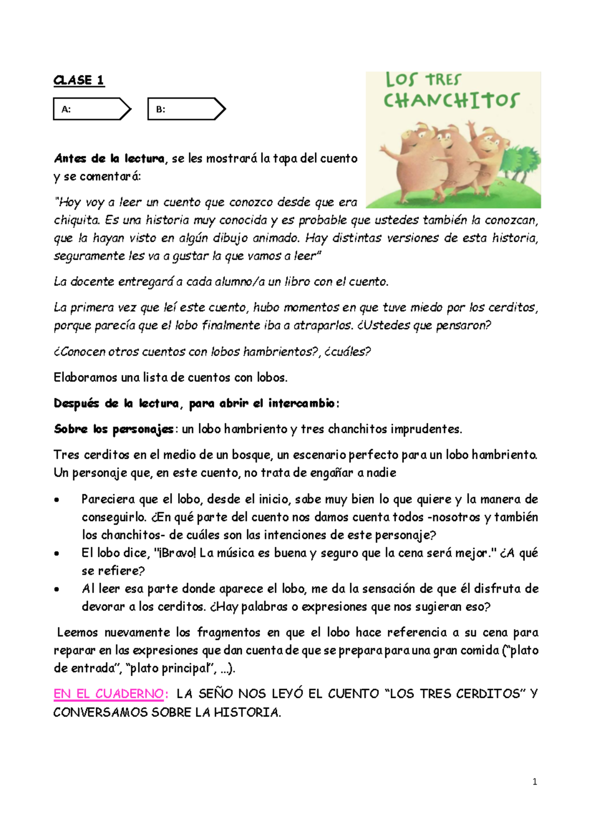 Los 3 cerditos - secuencia didactica - CLASE 1 Antes de la lectura, se ...