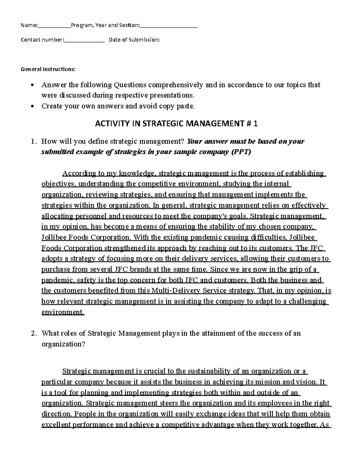 Strategic Management Sample Activity 1 - Operations Management CBME ...