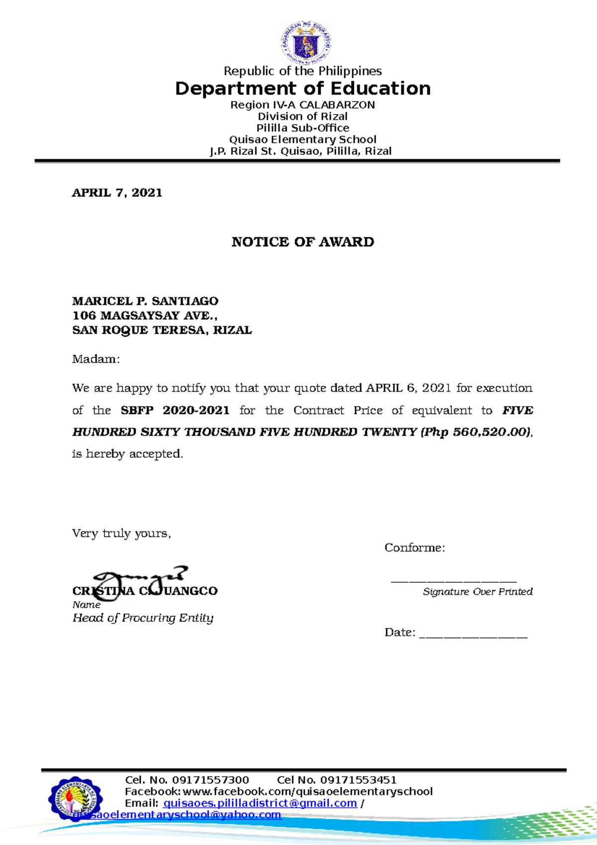 Notice of Award - Republic of the Philippines Department of Education ...