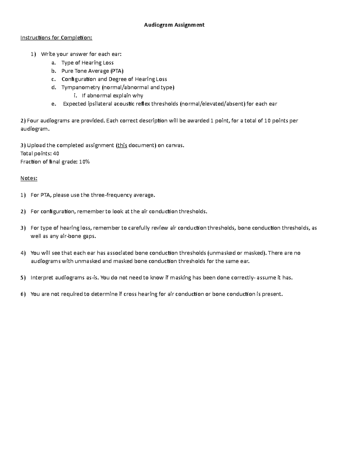 Audiogram+assignment students - Audiogram Assignment Instructions for Completion: Write your ...