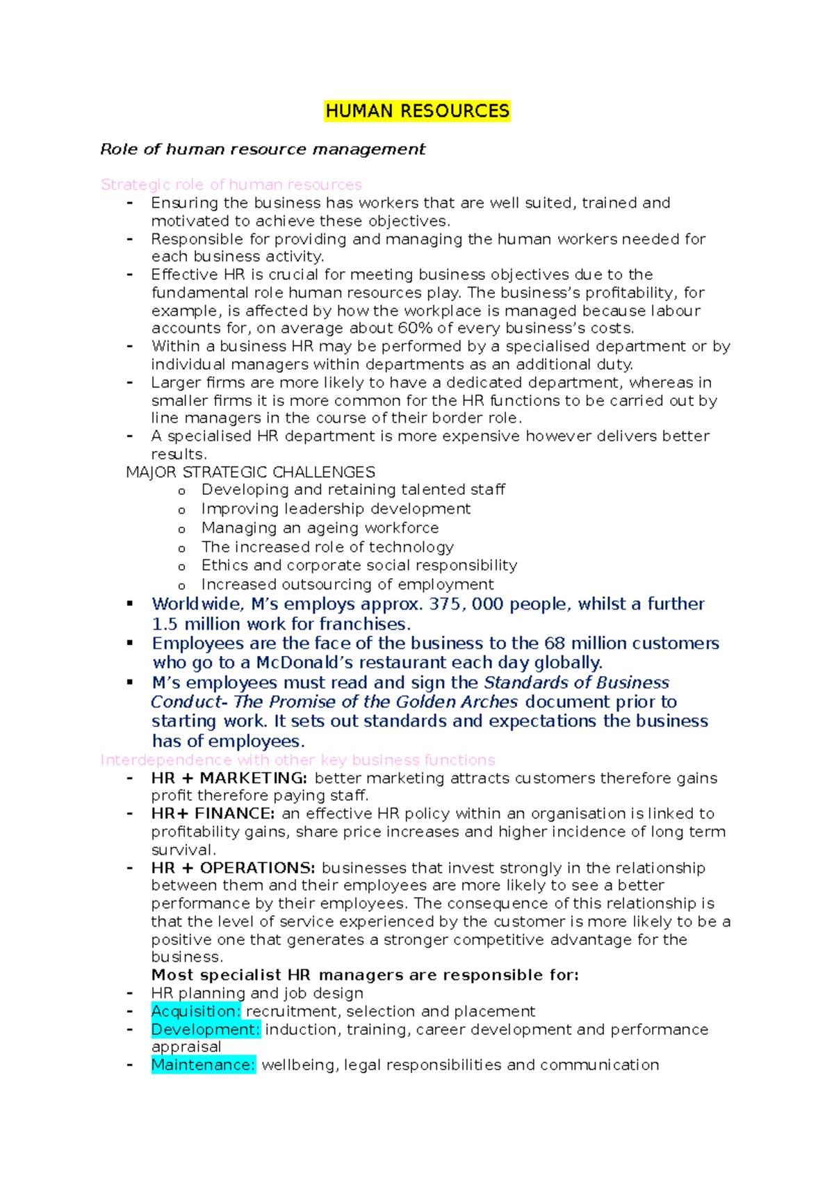 Human Resources- notes - HUMAN RESOURCES Role of human resource ...