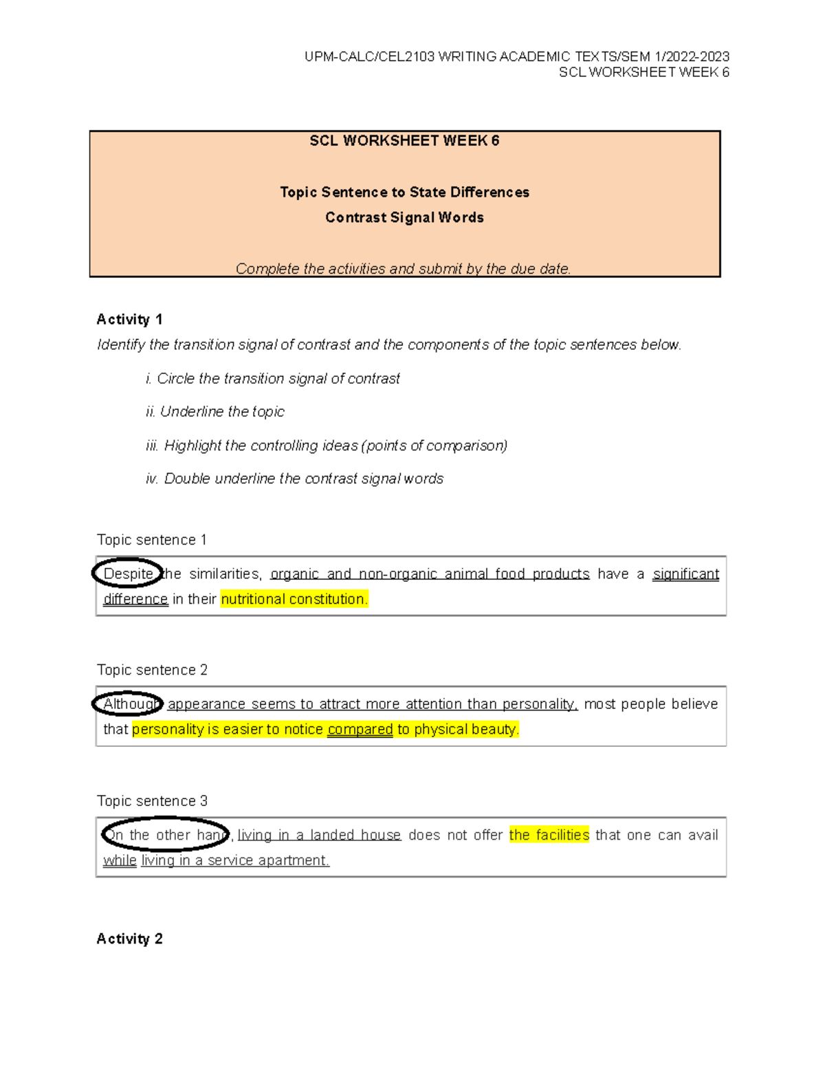 SCL Worksheet WEEK 6 - UPM-CALC/CEL2103 WRITING ACADEMIC TEXTS/SEM 1/ ...