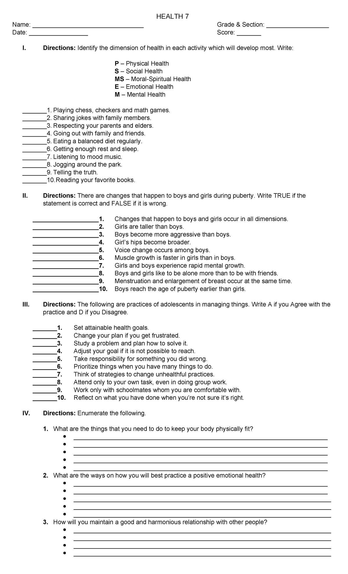 Health 7 Worksheets - HEALTH 7 Name ...
