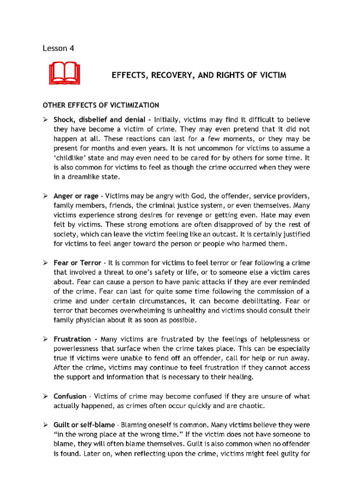 Effects, Recovery and Rights of Victim - BS Criminology - Studocu