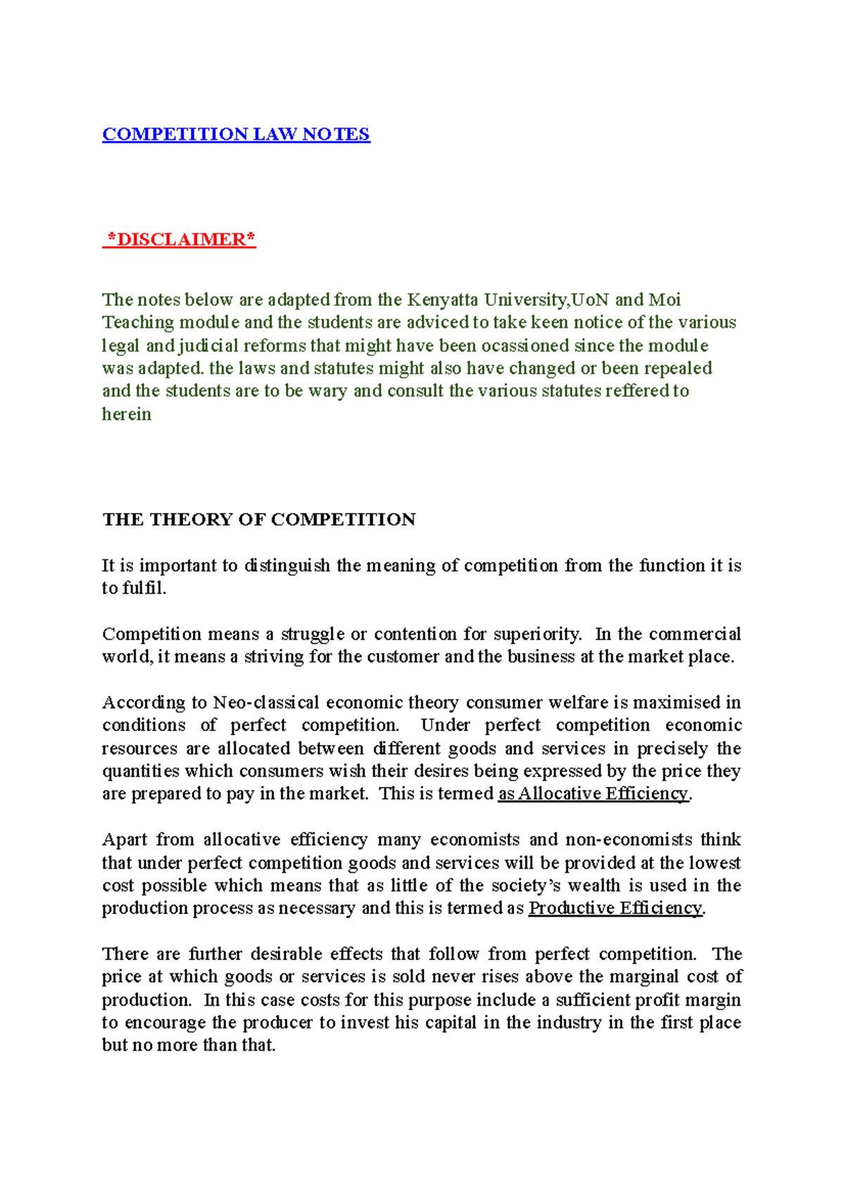 Competition LAW Notes - COMPETITION LAW NOTES DISCLAIMER The notes ...