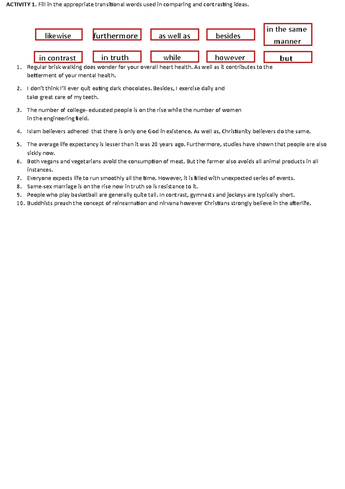 Practice Set - Activities on Comparison and Contrast - ACTIVITY 1. Fill ...