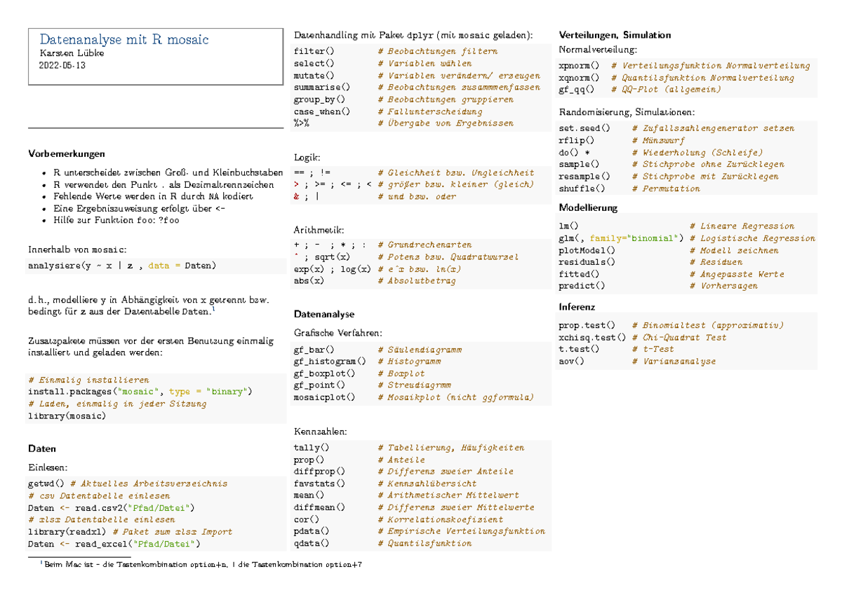 Cheatsheet DA R ggformula - Datenanalyse mit R mosaic Karsten Lübke 2022-05- Vorbemerkungen R ...